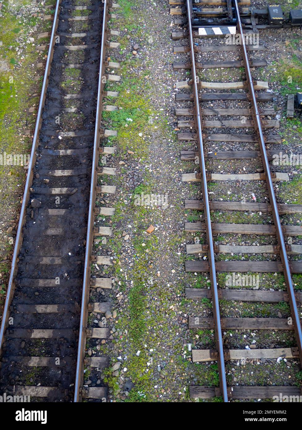 Old railway tracks. View from above. Railway in the moss. Road concept ...