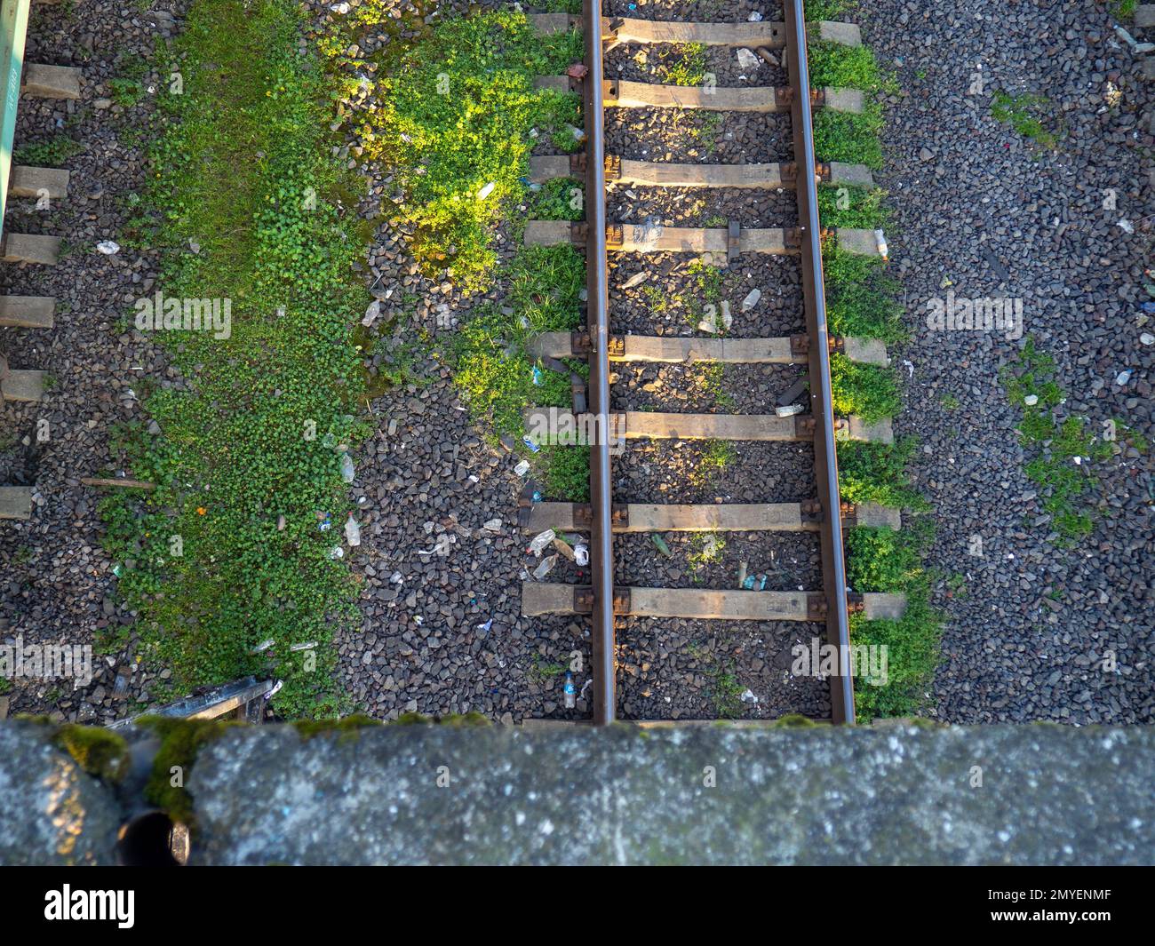 Old railway tracks. View from above. Railway in the moss. Road concept ...