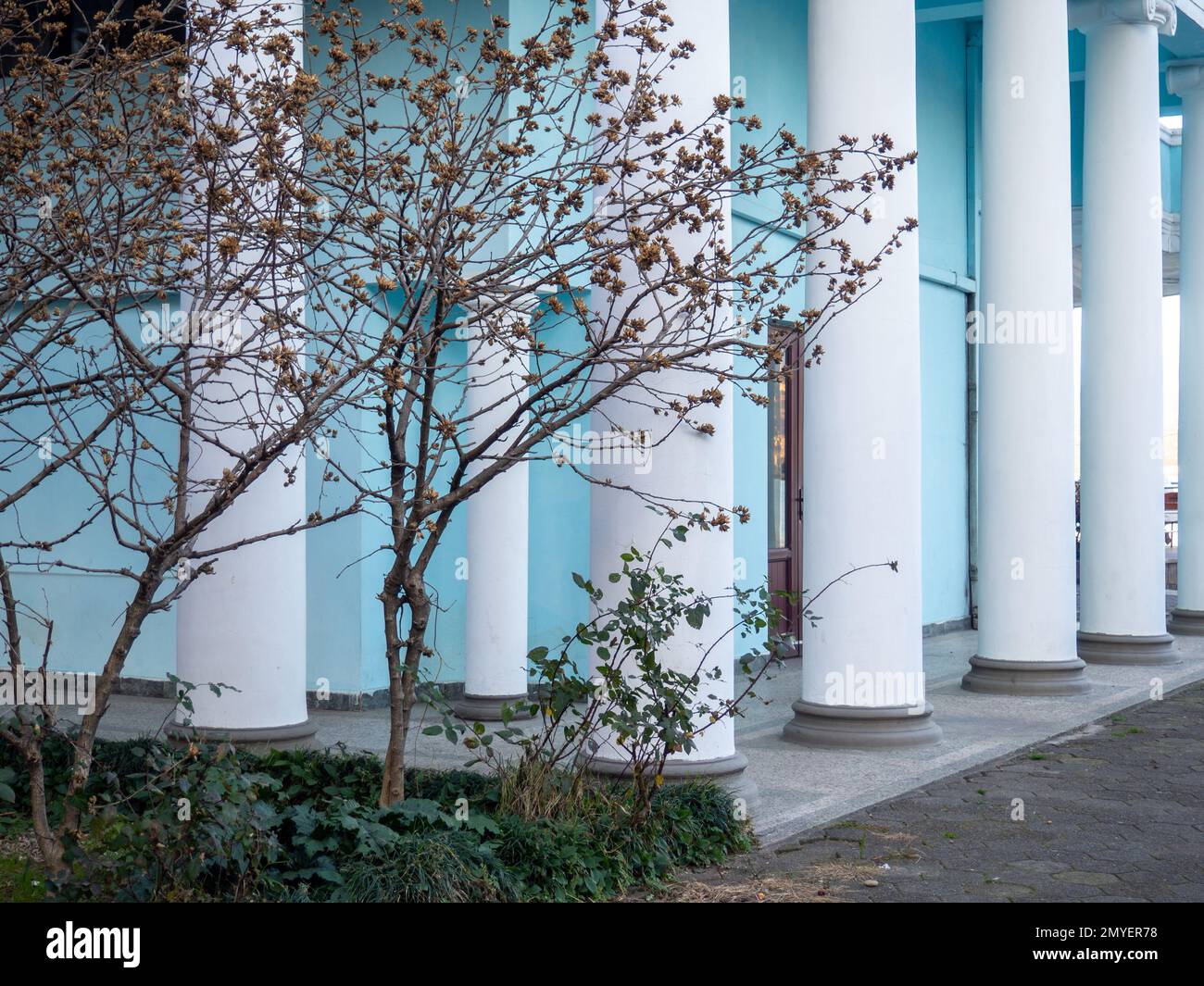Facade of a building with columns. Beautiful architecture. Cozy garden ...