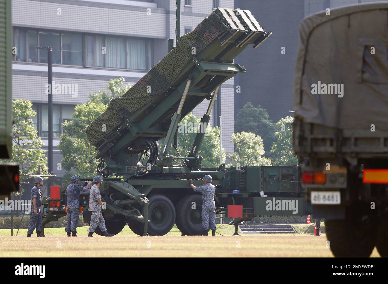Japan Self-Defense Force members set up a PAC-3 Patriot missile unit ...