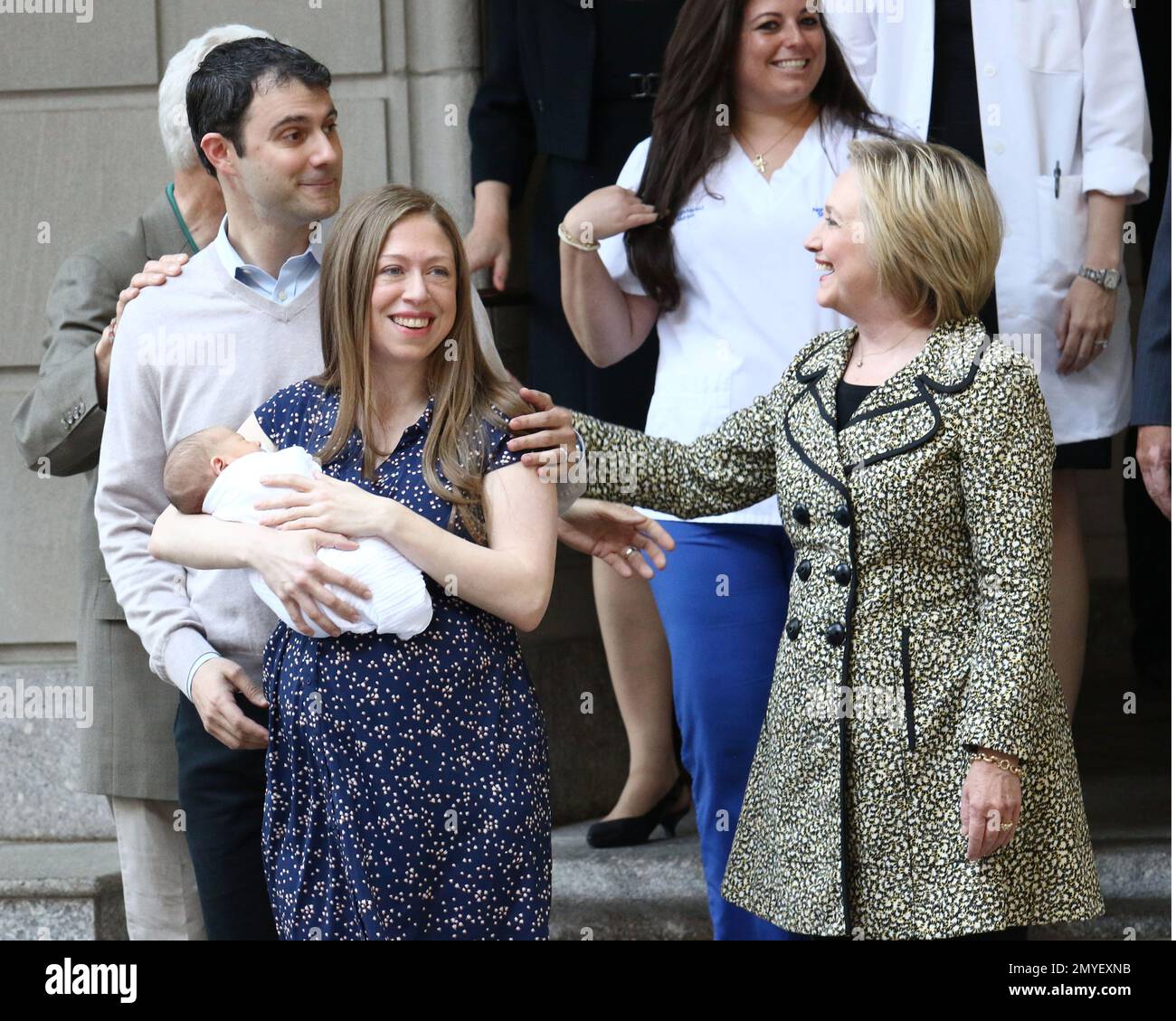 Marc Mezvinsky, from left, and wife Chelsea Clinton with newborn son ...