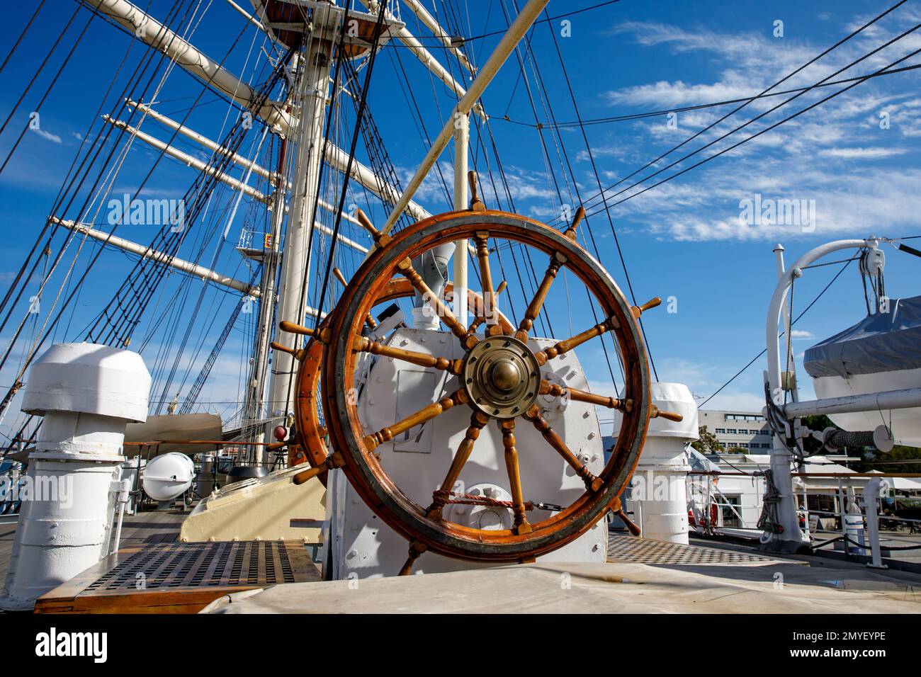 The wooden helm of a sailing ship Stock Photo - Alamy