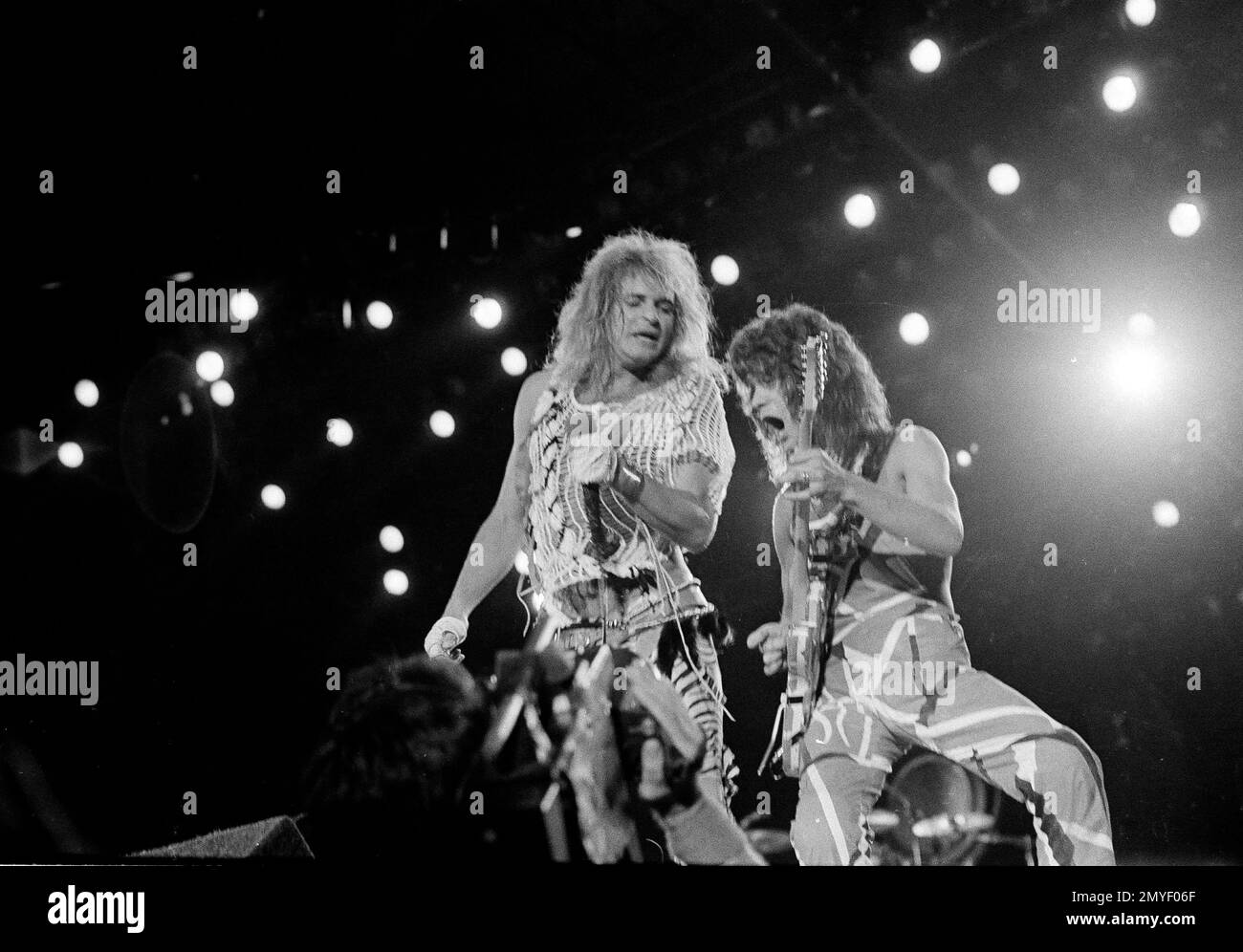 David Lee Roth, left, and Eddie Van Halen perform during US Festival in ...