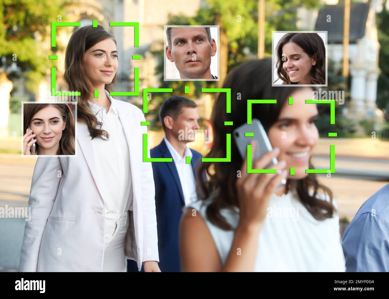 Facial recognition system identifying people on city street Stock Photo ...
