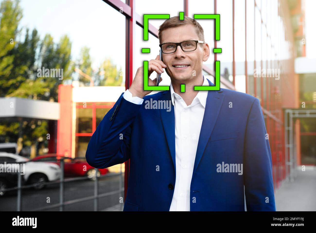 Facial recognition system identifying man on city street Stock Photo ...