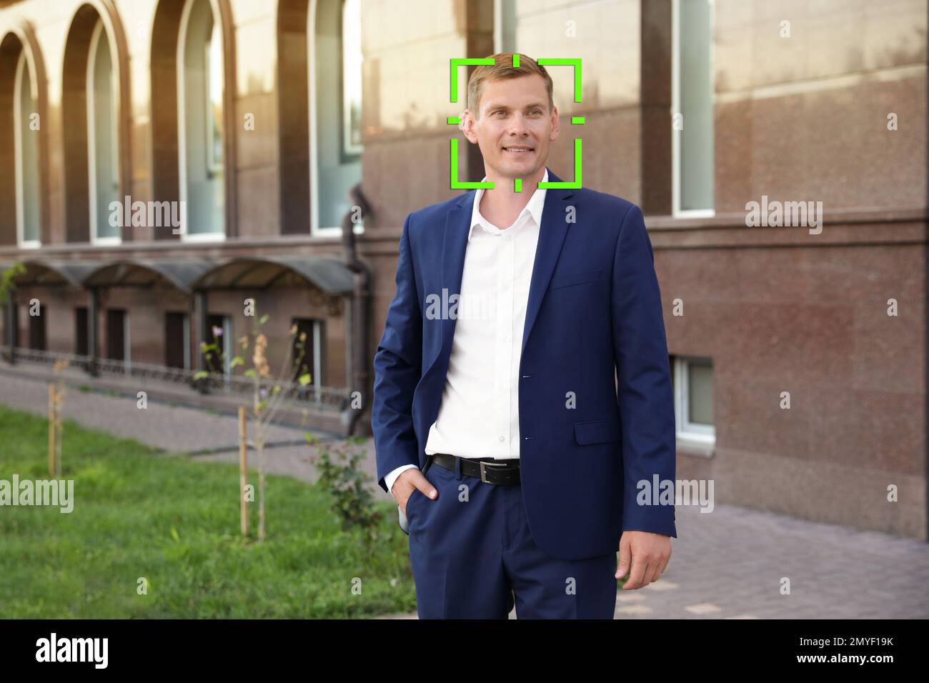 Facial recognition system identifying man on city street Stock Photo ...