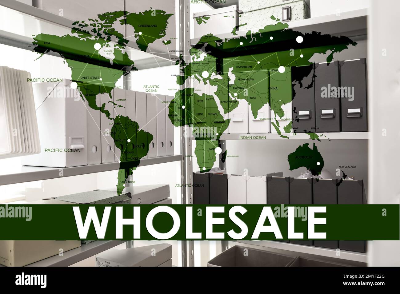 Wholesale business. World map and shelves with documents on background ...