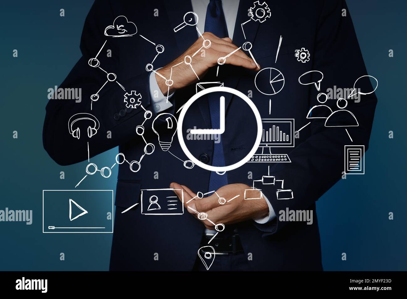 Time management concept. Man and scheme with clock and icons, closeup ...