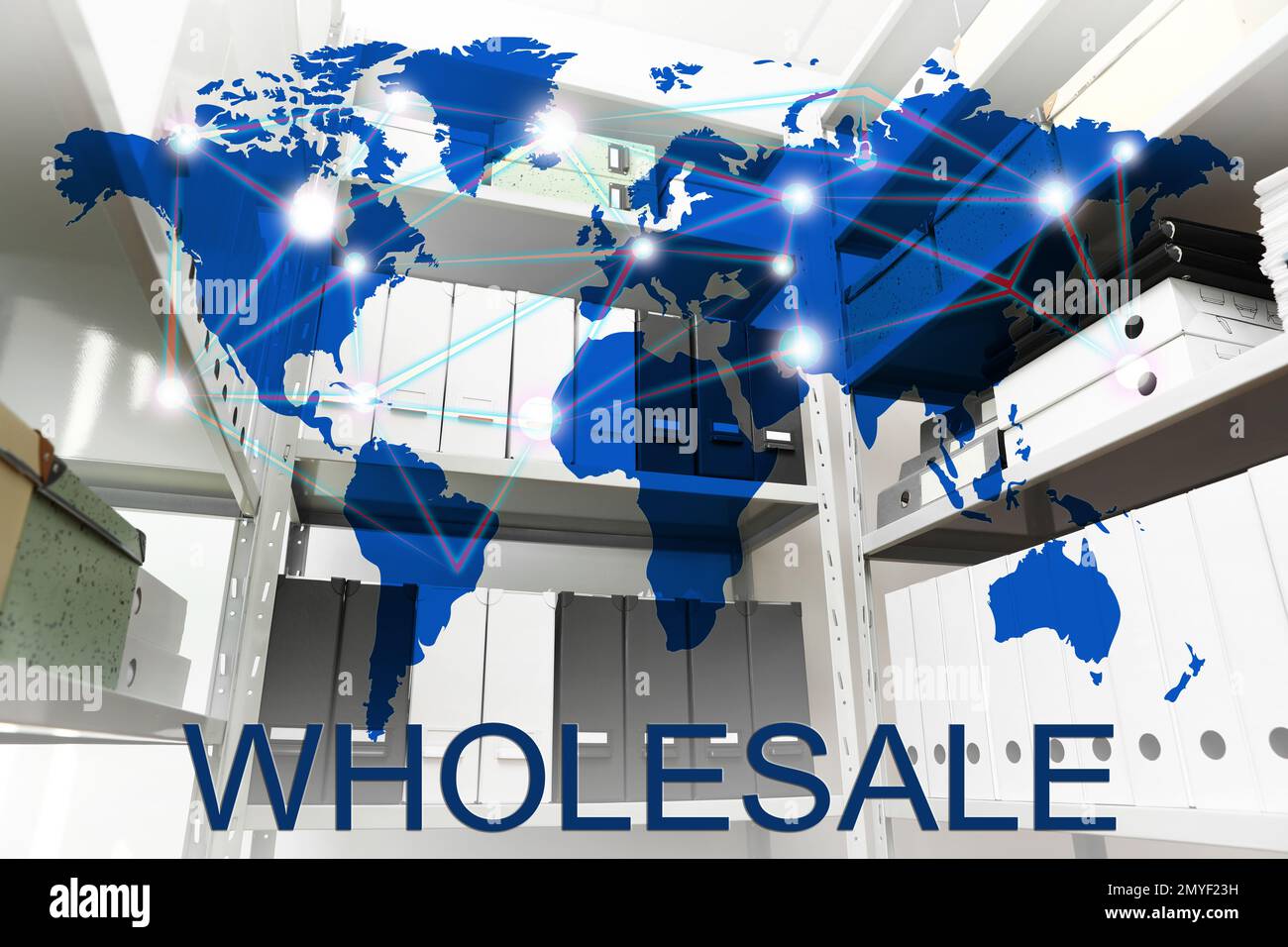 Wholesale business. World map and shelves with documents on background ...