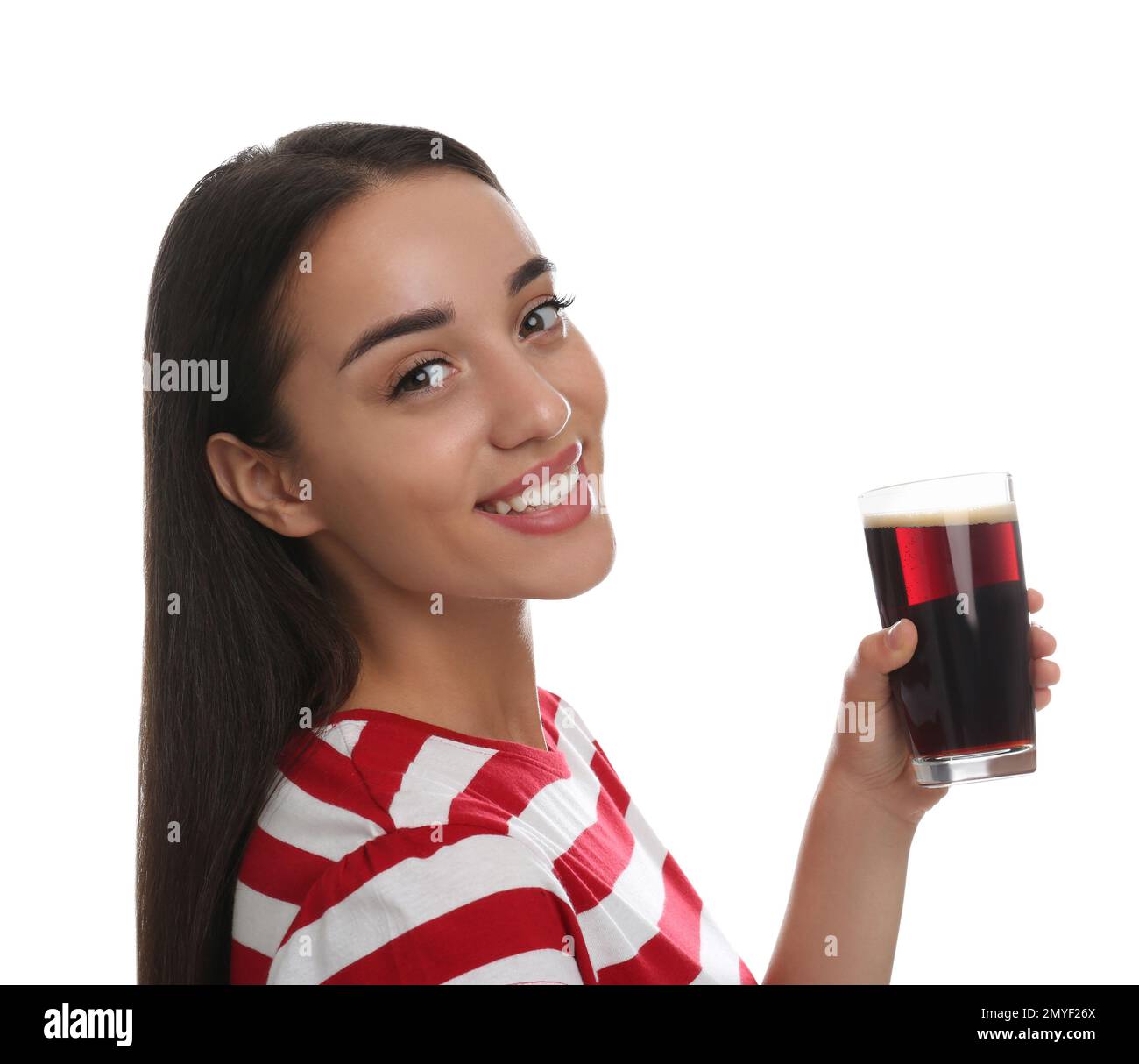 Beautiful woman with cold kvass on white background. Traditional ...
