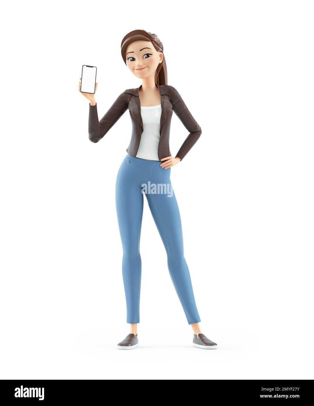 3d cartoon woman showing her smartphone, illustration isolated on white ...