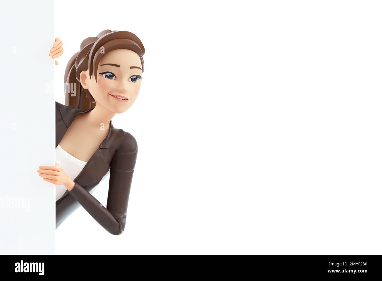 3d cartoon woman peeking out from behind wall, illustration isolated on ...