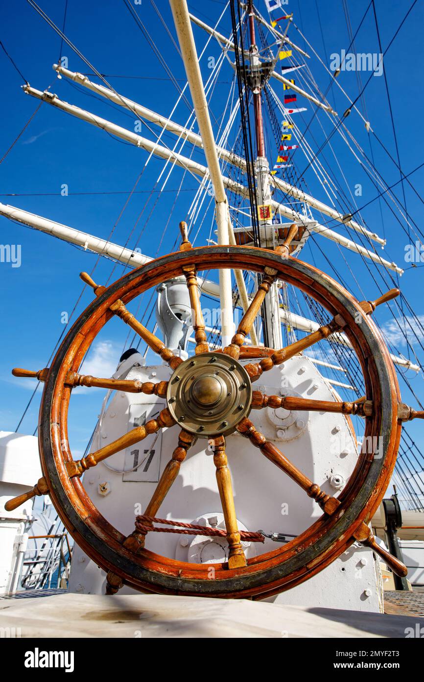 The wooden helm of a sailing ship Stock Photo - Alamy