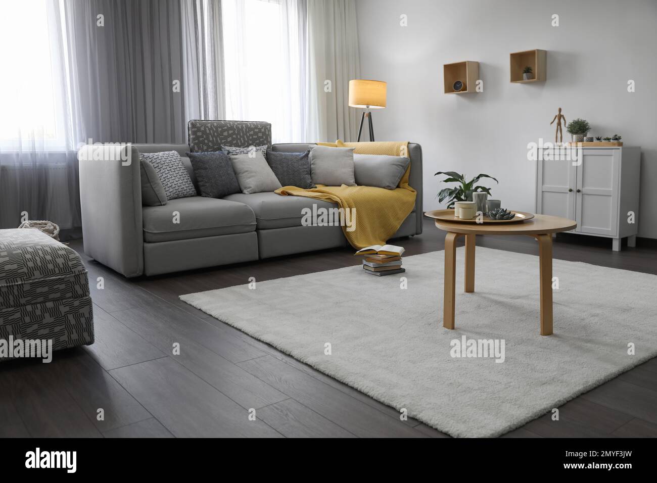 Elegant living room with comfortable sofa near window. Interior design ...