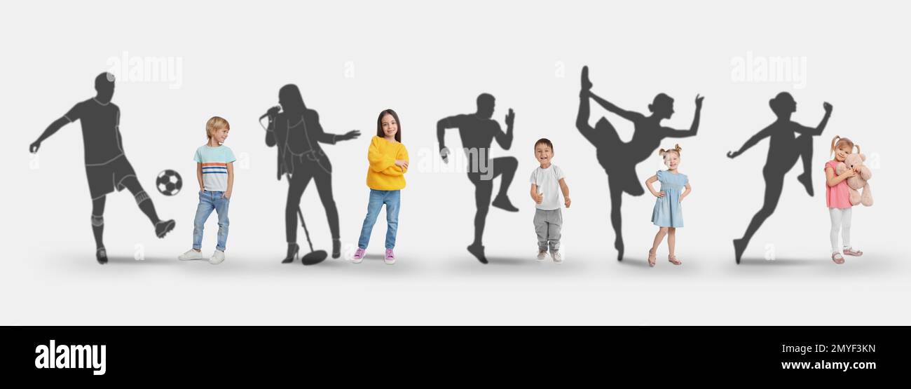 Childhood dreams. Little kids against silhouettes of soccer player ...