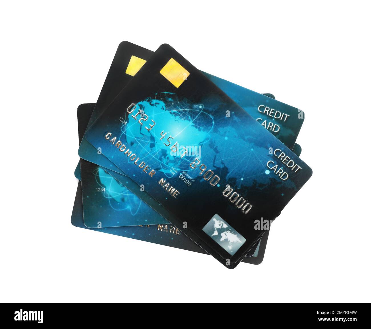 Blue plastic credit cards on white background Stock Photo - Alamy