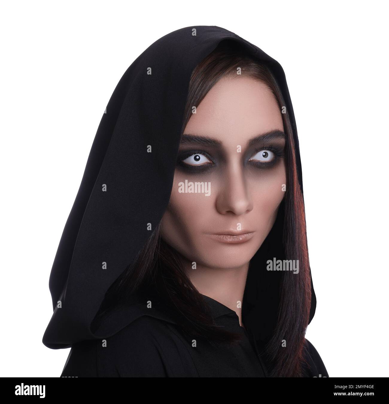Mysterious witch with spooky eyes on white background Stock Photo - Alamy