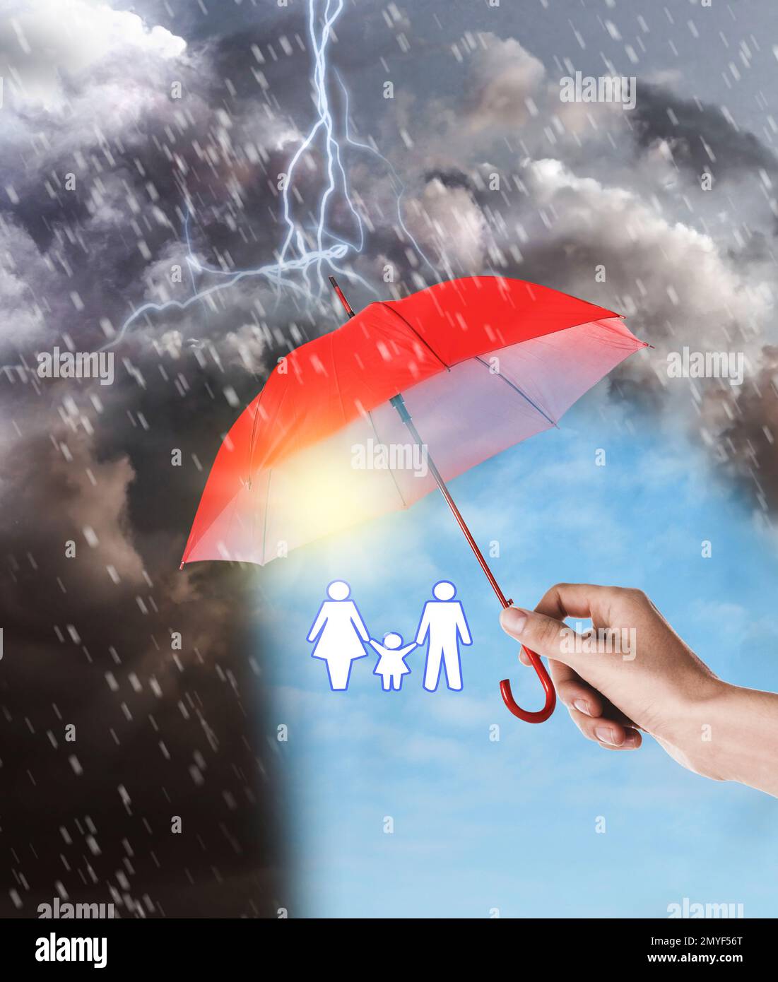Insurance concept. Woman covering family illustration with red umbrella ...