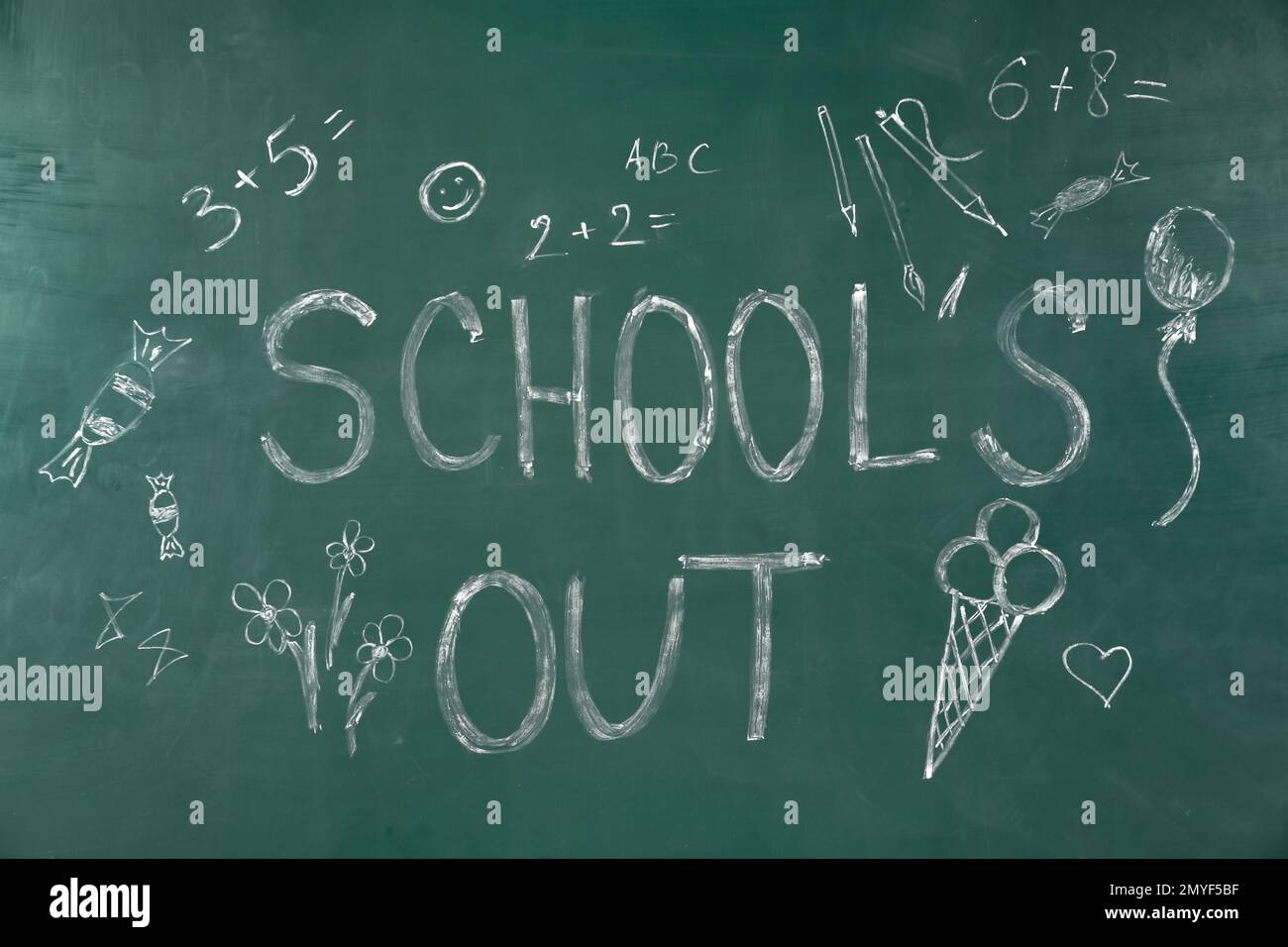 Text School's Out and drawings on green chalkboard. Summer holidays ...