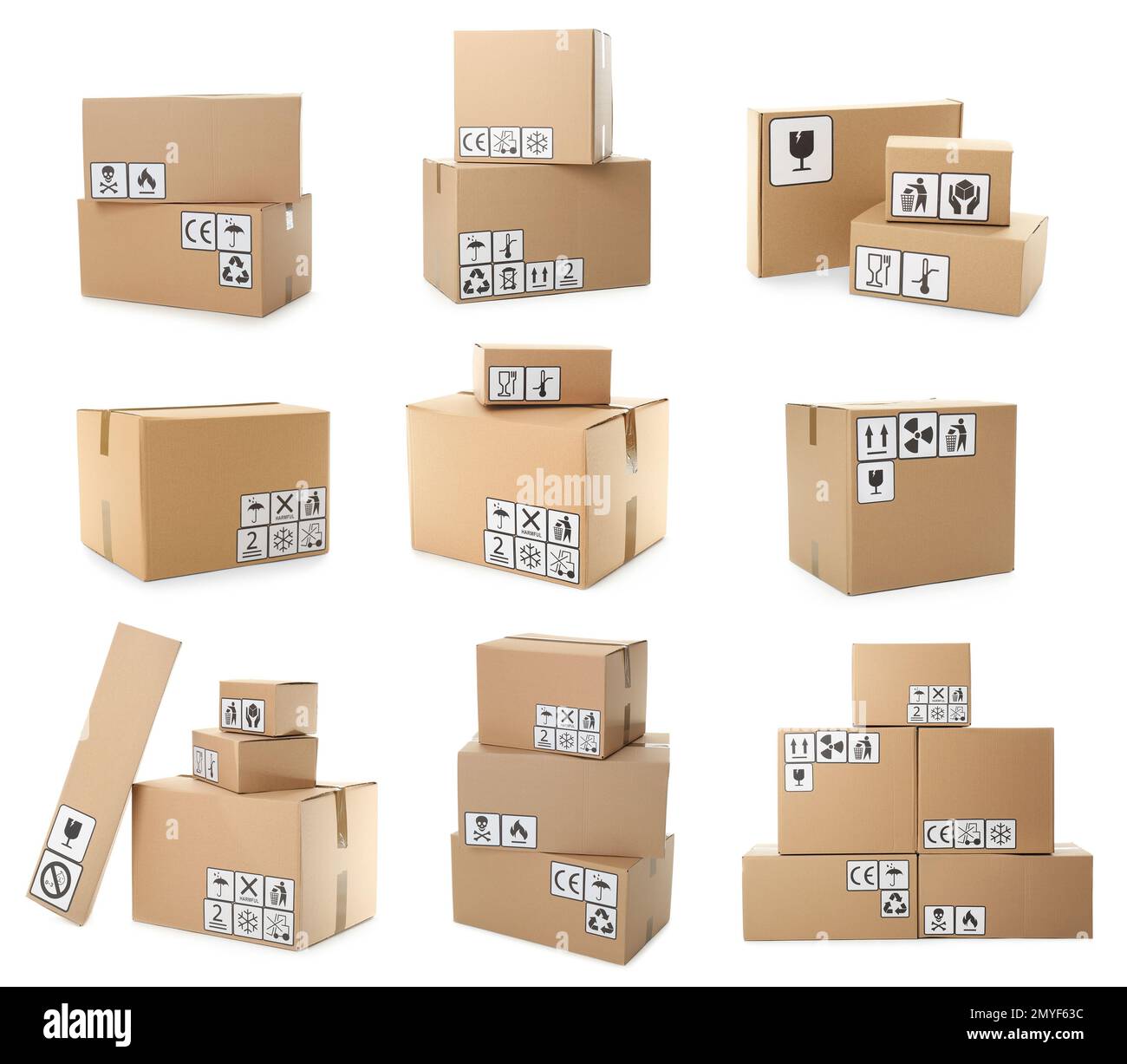 Set of cardboard boxes with packaging symbols on white background Stock ...