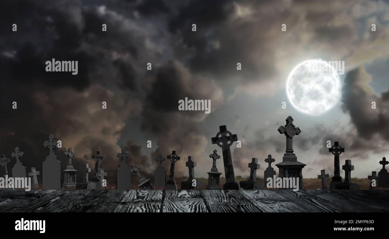 Wooden surface and moonlit graveyard with old creepy headstones ...