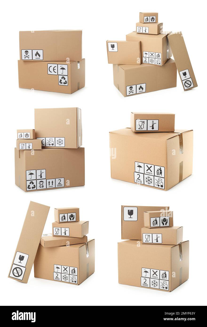 Set of cardboard boxes with packaging symbols on white background Stock ...