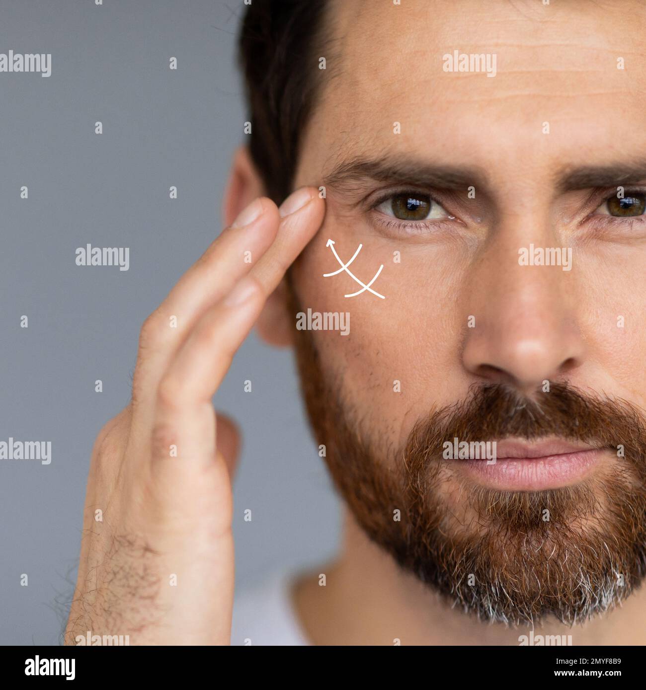 Close up portrait of middle aged bearded man, wanting to lift face to ...