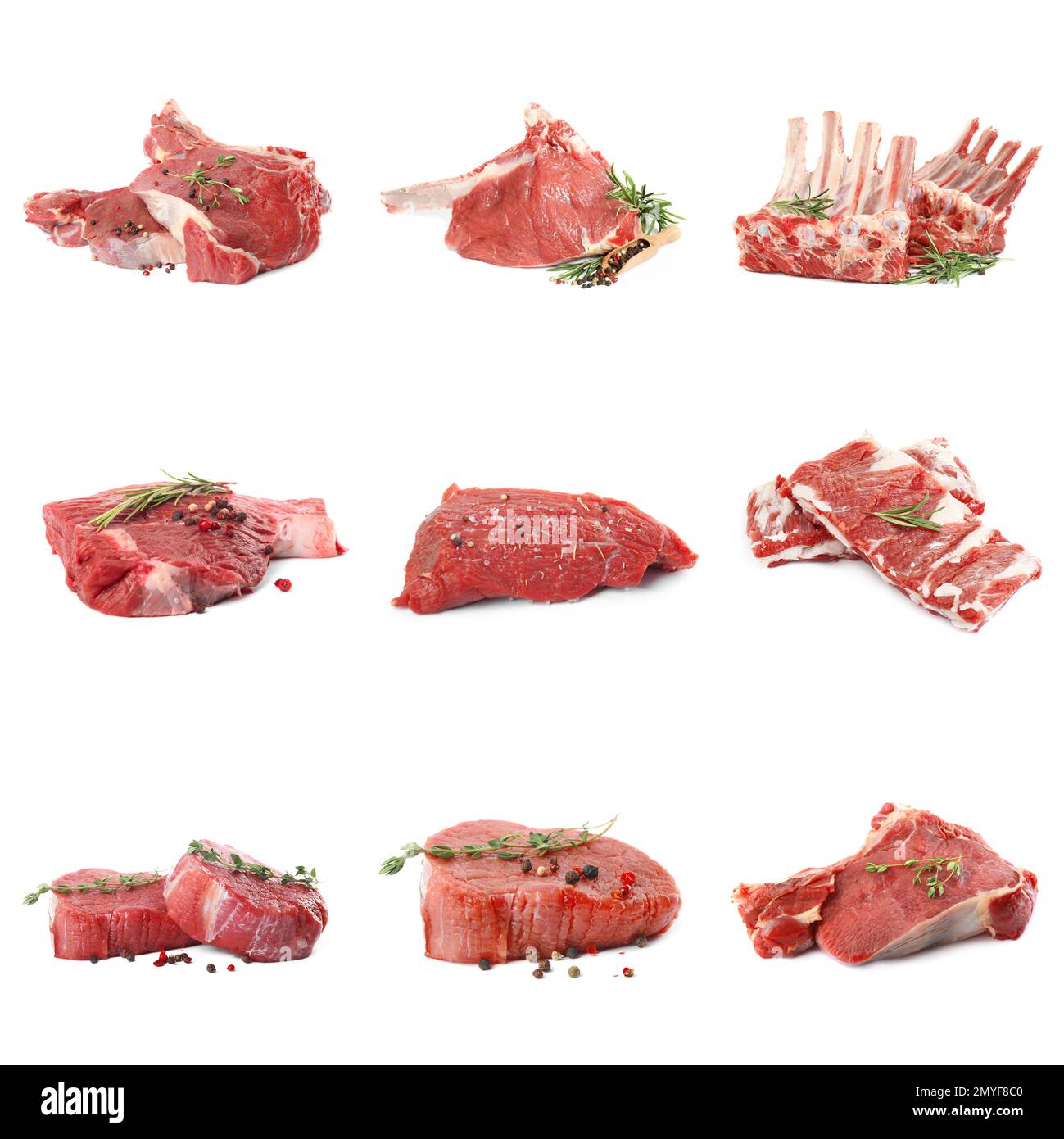 Set with raw meat on white background Stock Photo - Alamy