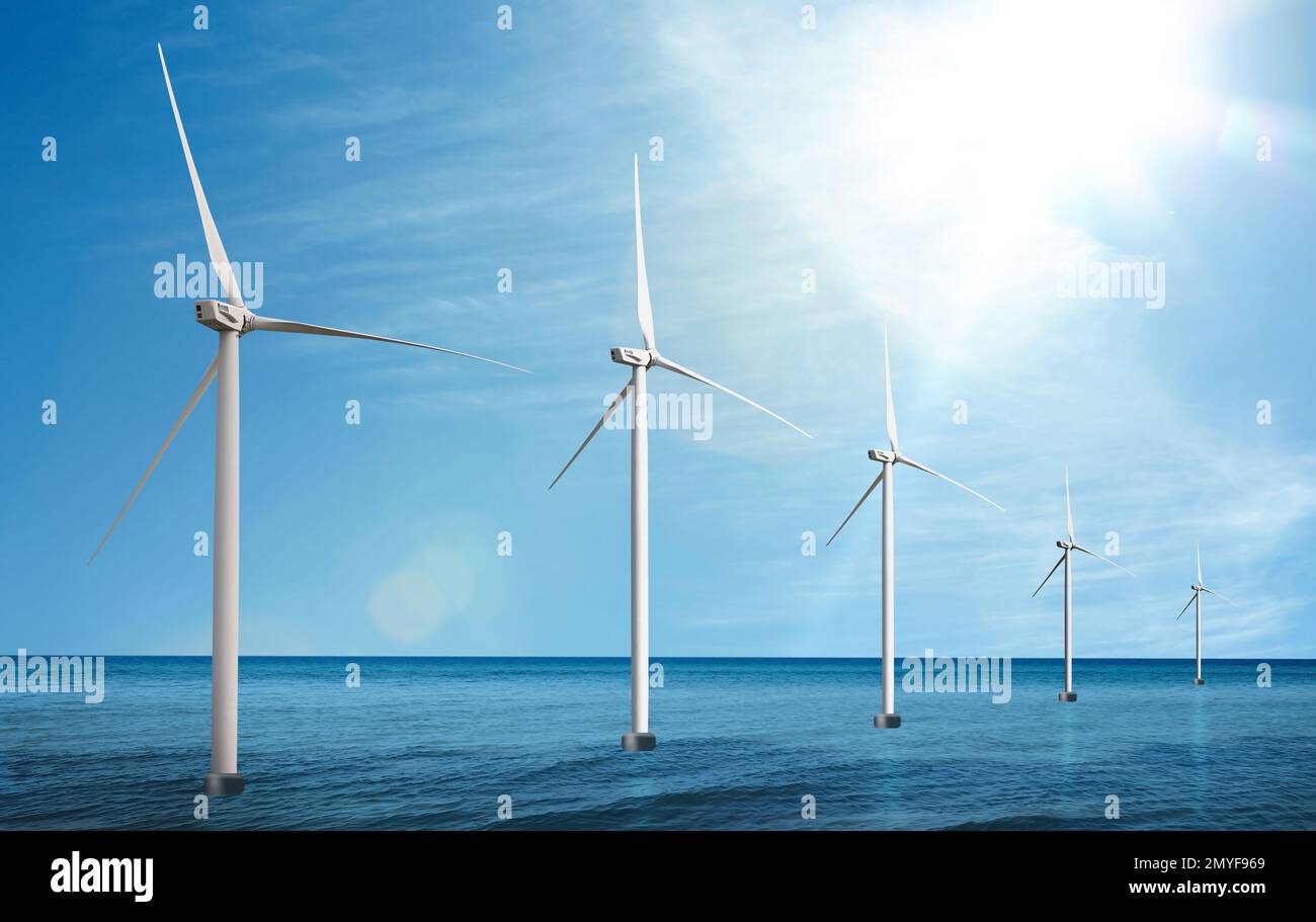 Floating wind turbines installed in sea. Alternative energy source ...