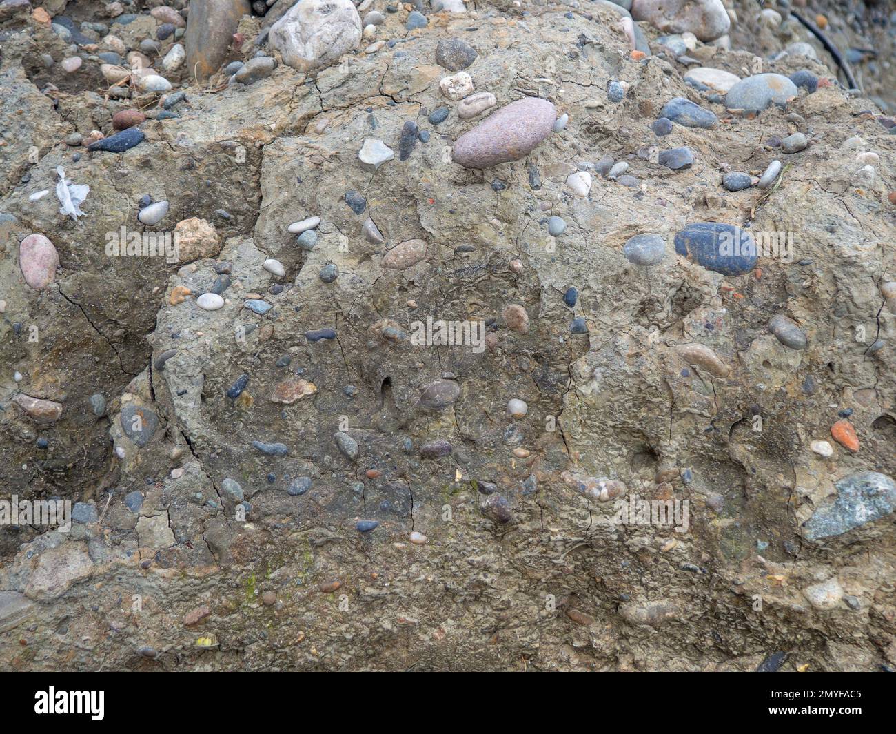 Layers of earth on a beach made of pebbles. Soil cut. Cobblestones and ...