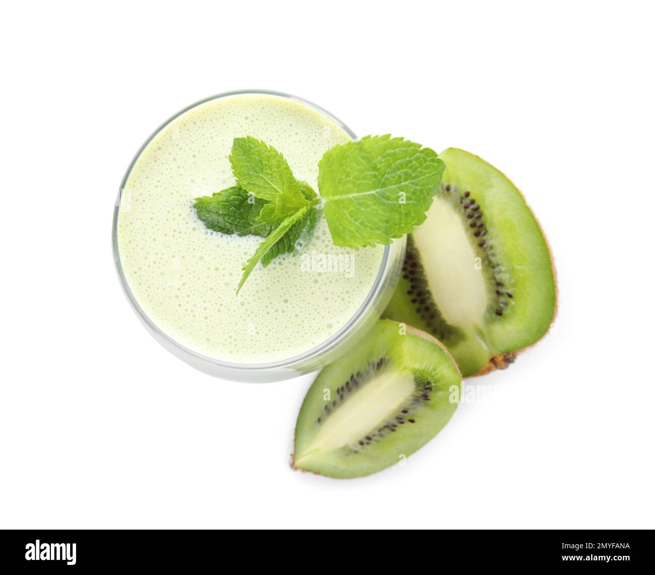 Tasty milk shake with mint and kiwi slices isolated on white, top view ...