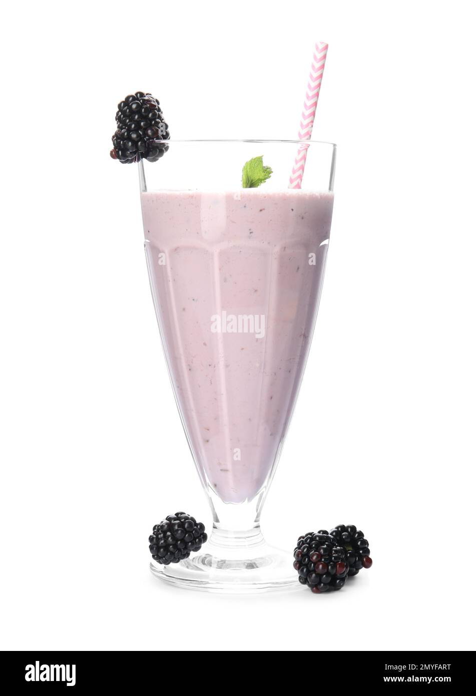 Tasty fresh milk shake and blackberries on white background Stock Photo ...