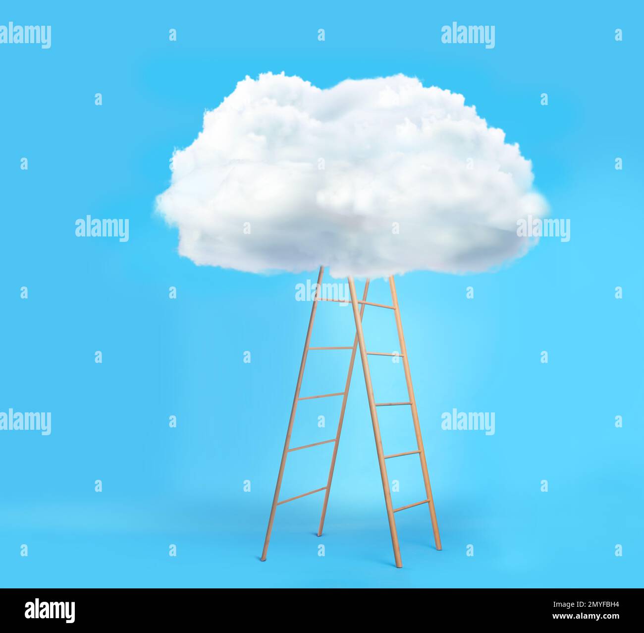 Wooden ladder with cloud on light blue background. Conceptual design ...