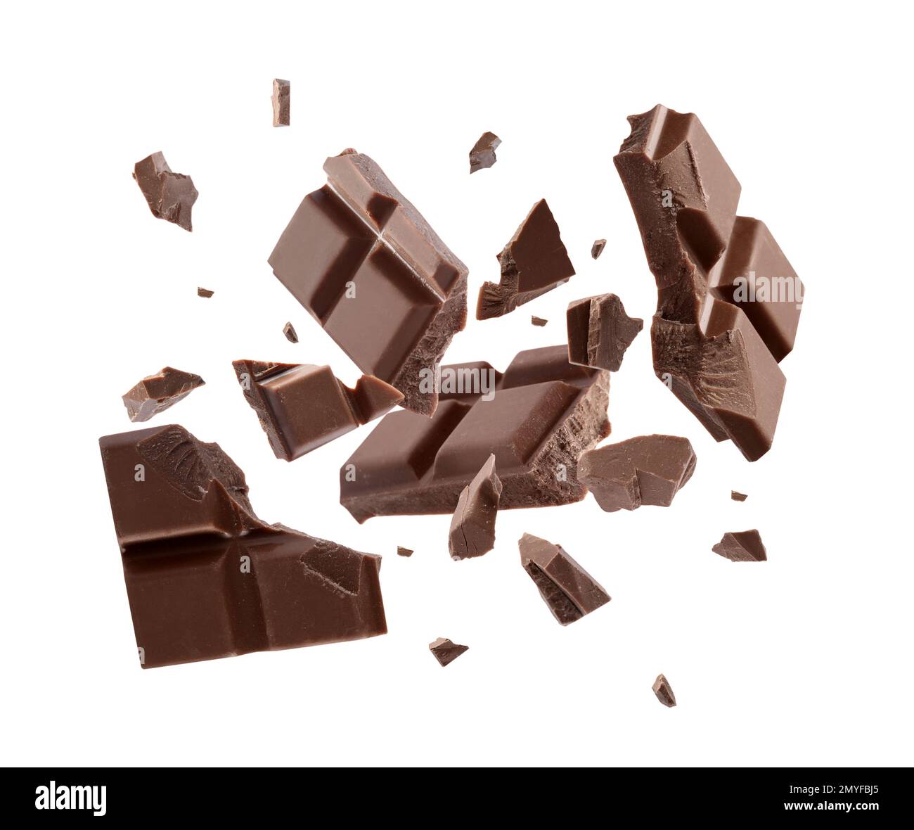 Milk chocolate pieces falling on white background Stock Photo - Alamy