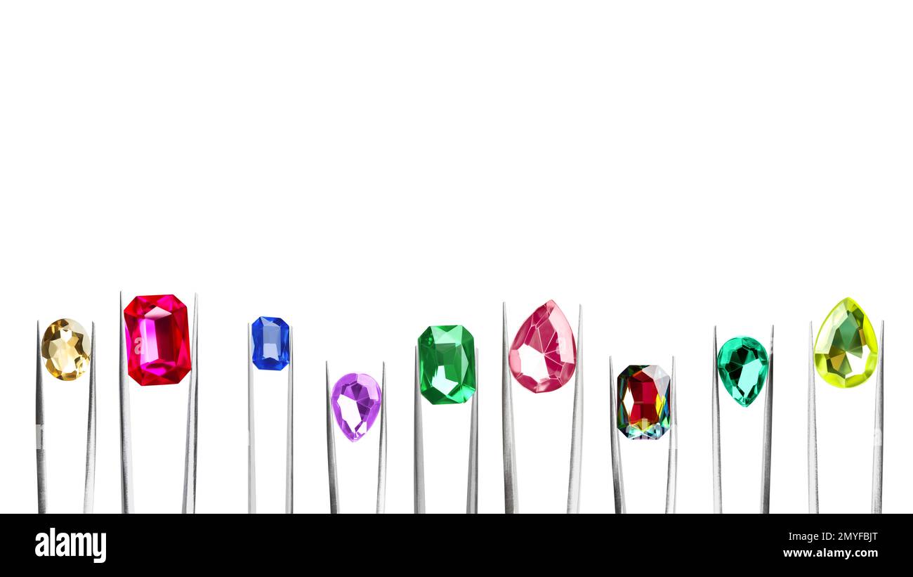 Set of tweezers with different shiny gemstones on white background ...