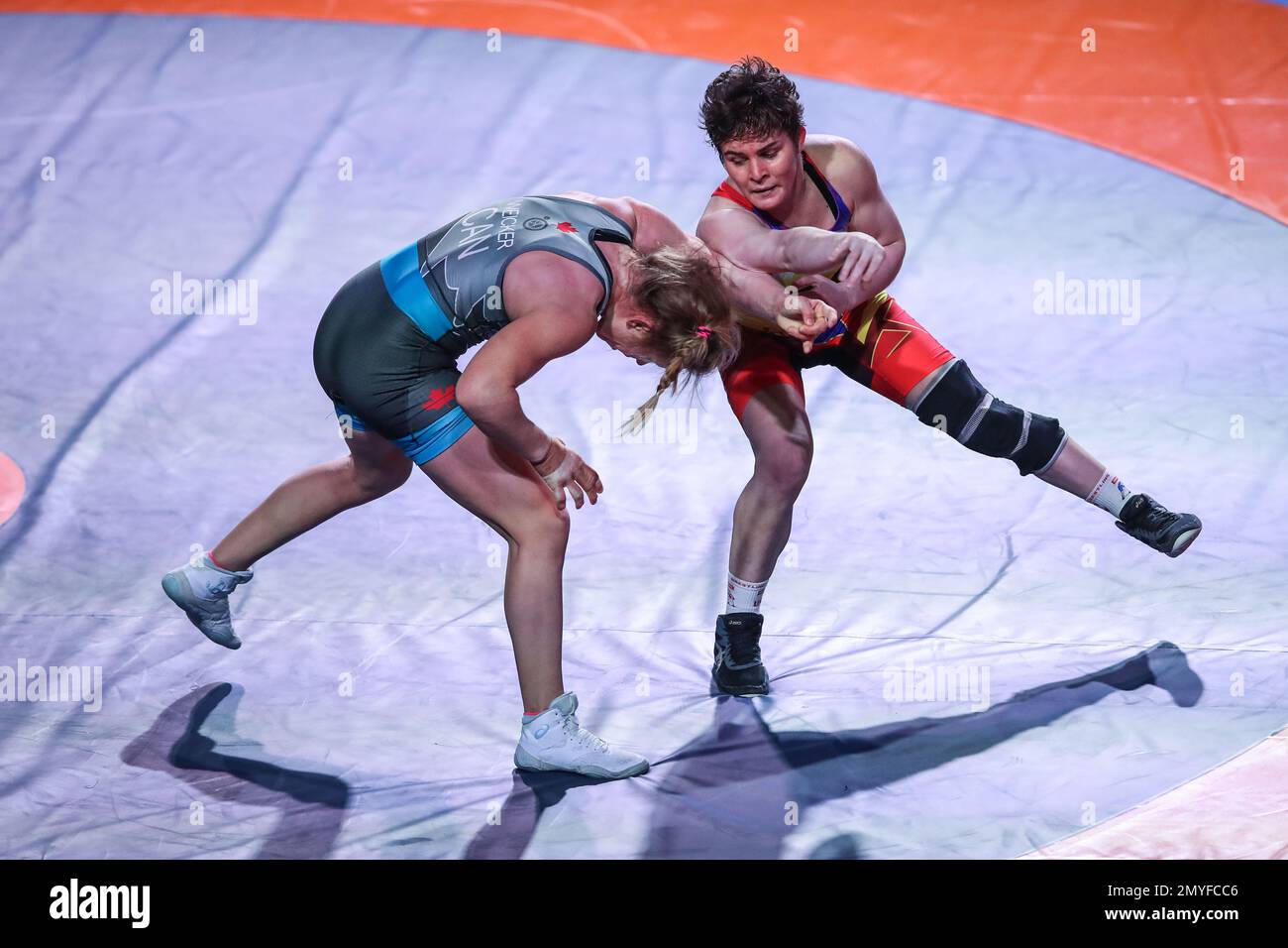 ZAGREB, CROATIA FEBRUARY 04: Iulia Leorda of Moldova (red) competes ...