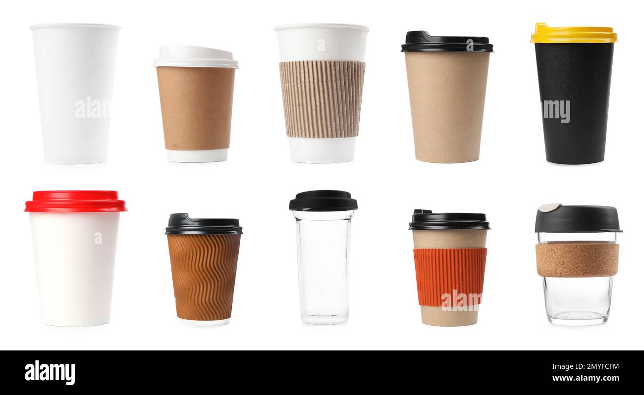 Set of different coffee cups on white background. Banner design Stock ...
