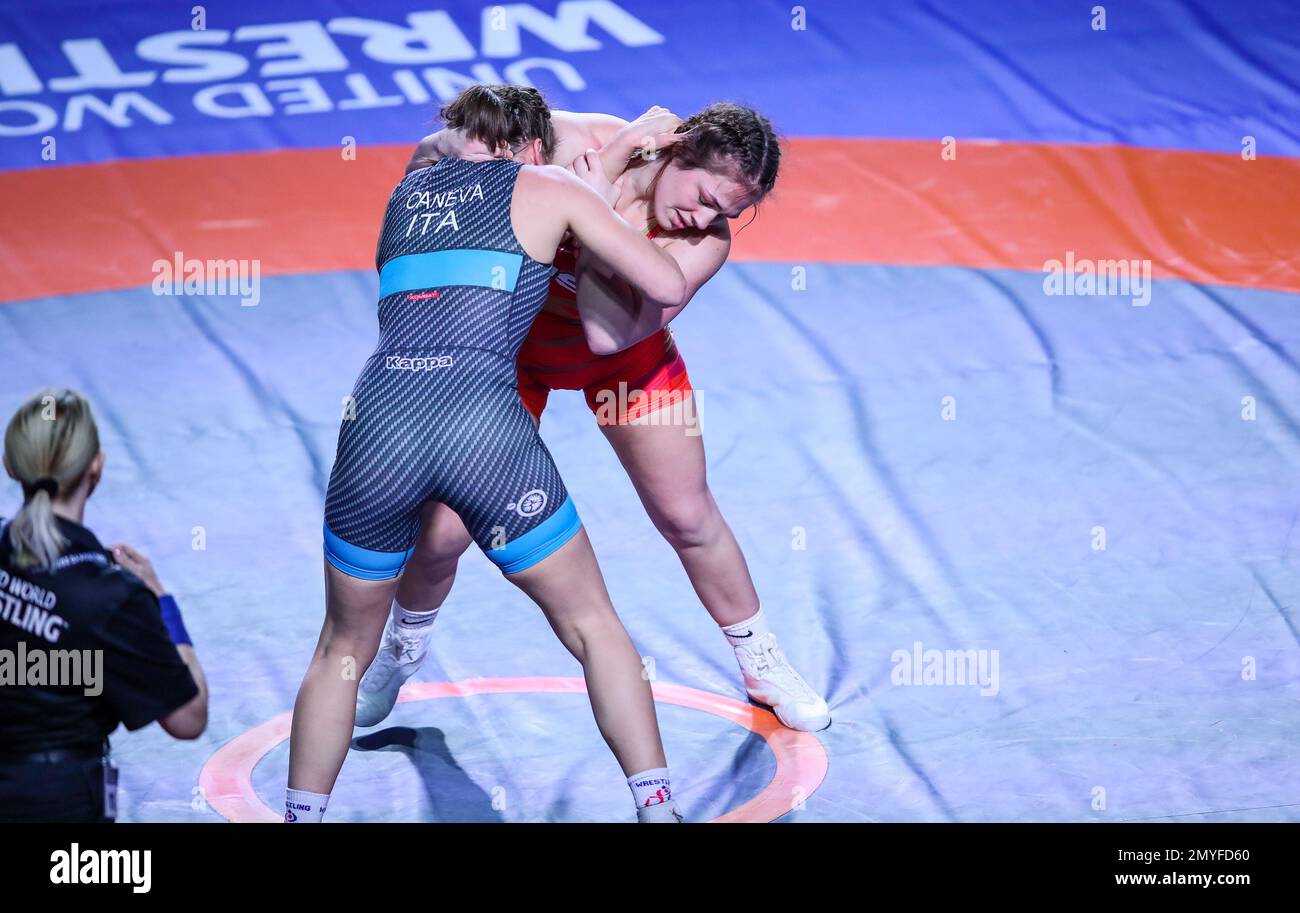 ZAGREB, CROATIA FEBRUARY 04: Skylar Allison Elizabeth Grote of USA (red ...