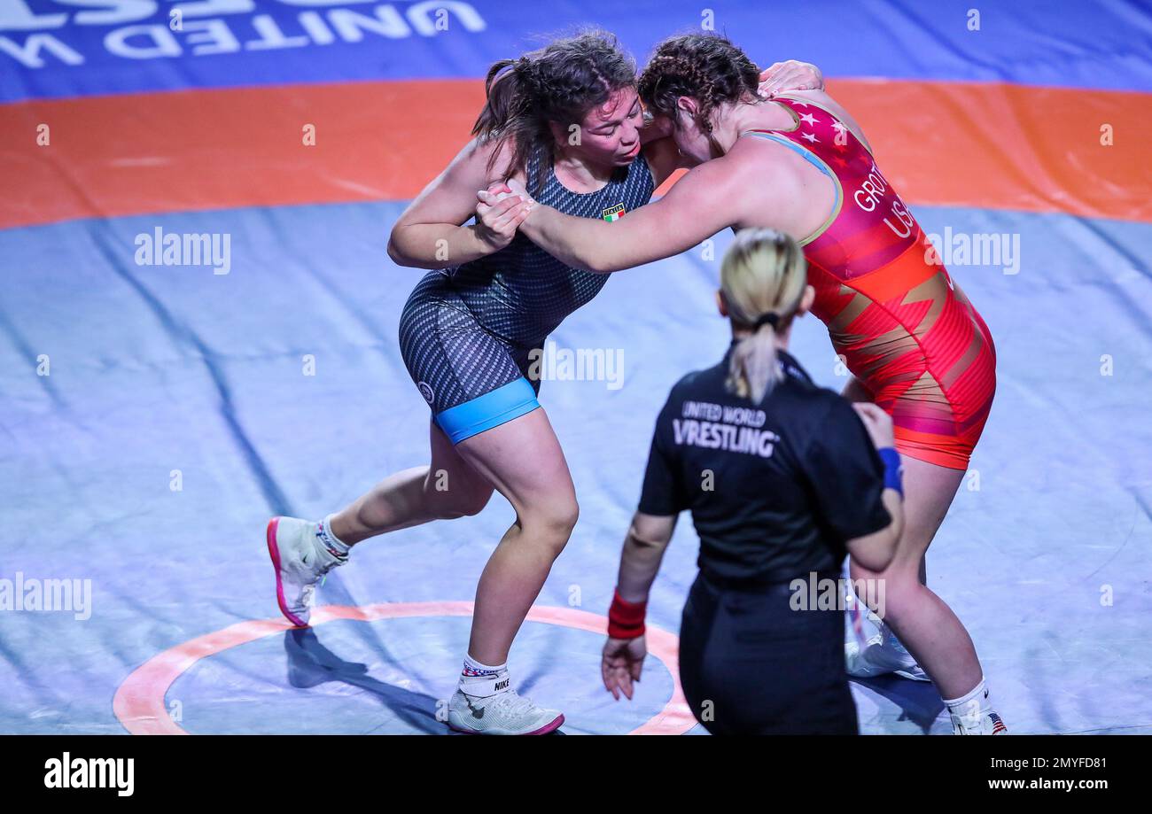 ZAGREB, CROATIA FEBRUARY 04: Skylar Allison Elizabeth Grote of USA (red ...