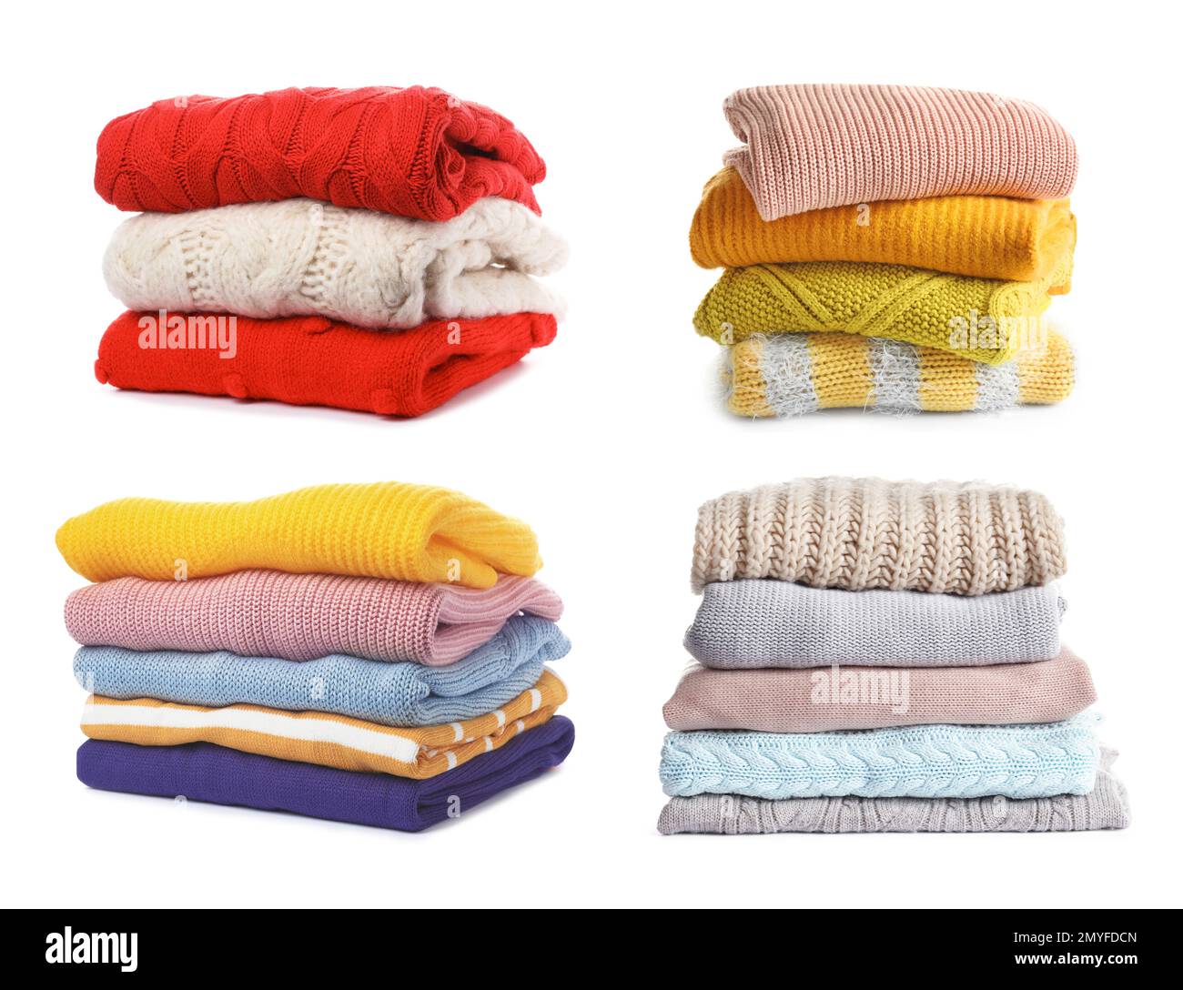 Set of folded and stacked sweaters on white background Stock Photo - Alamy