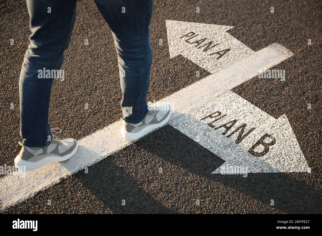 Choosing between Plan A and Plan B. Man near pointers on road, closeup ...