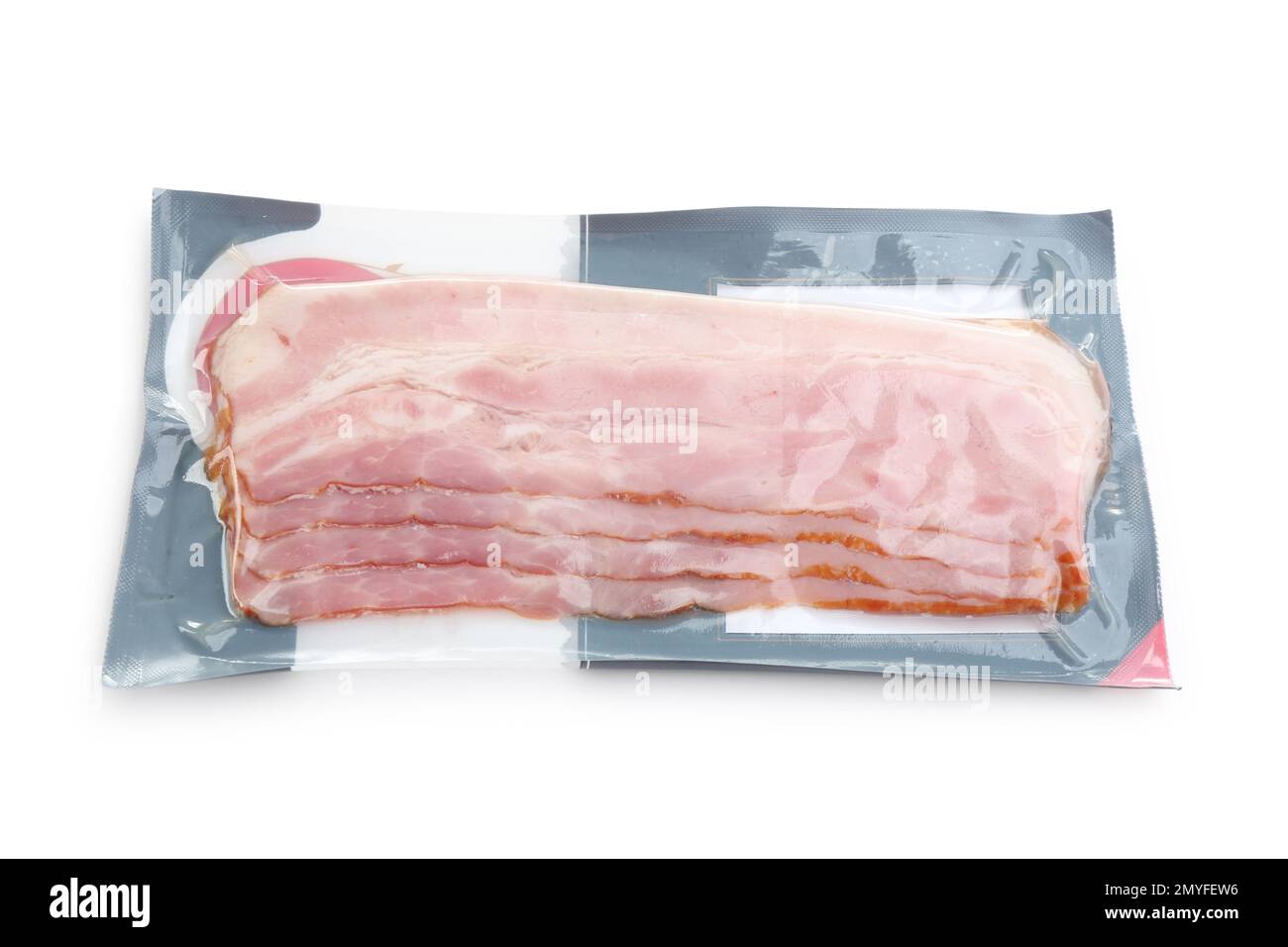 Fresh raw bacon in package on white background, top view Stock Photo ...
