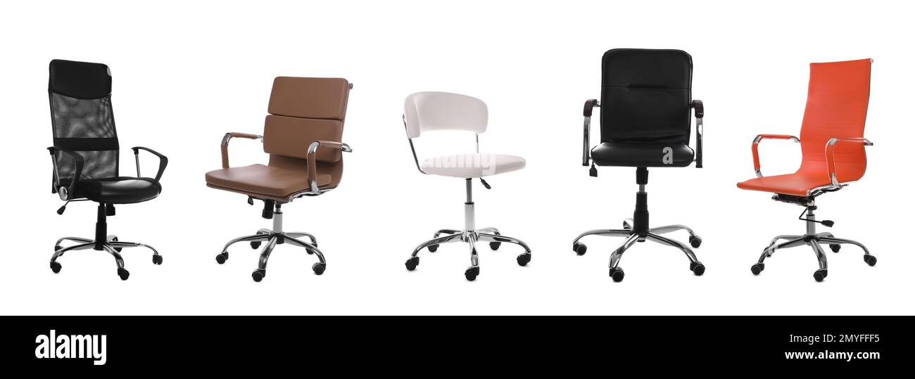 Set of different office chairs on white background. Banner design Stock ...