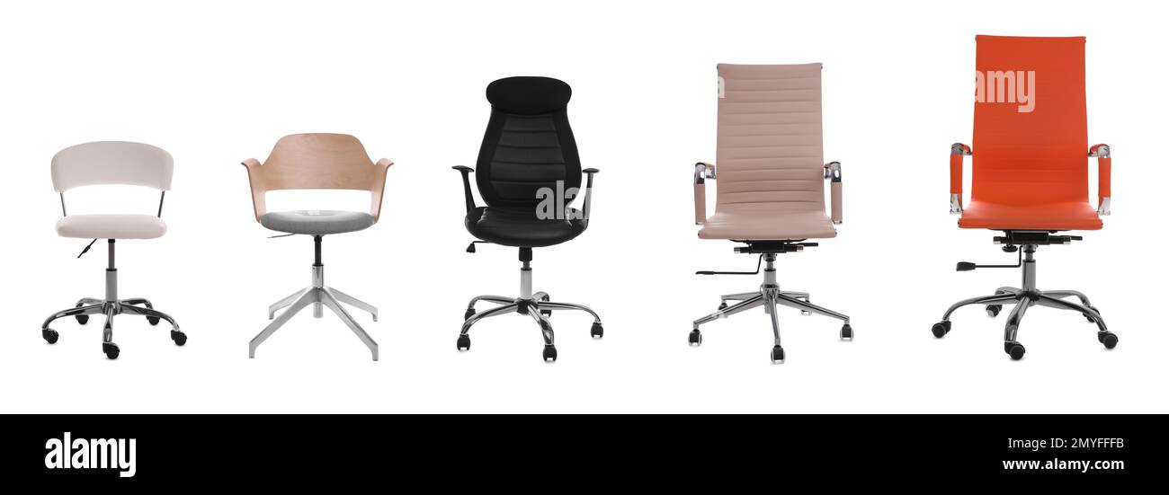 Set of different office chairs on white background. Banner design Stock ...