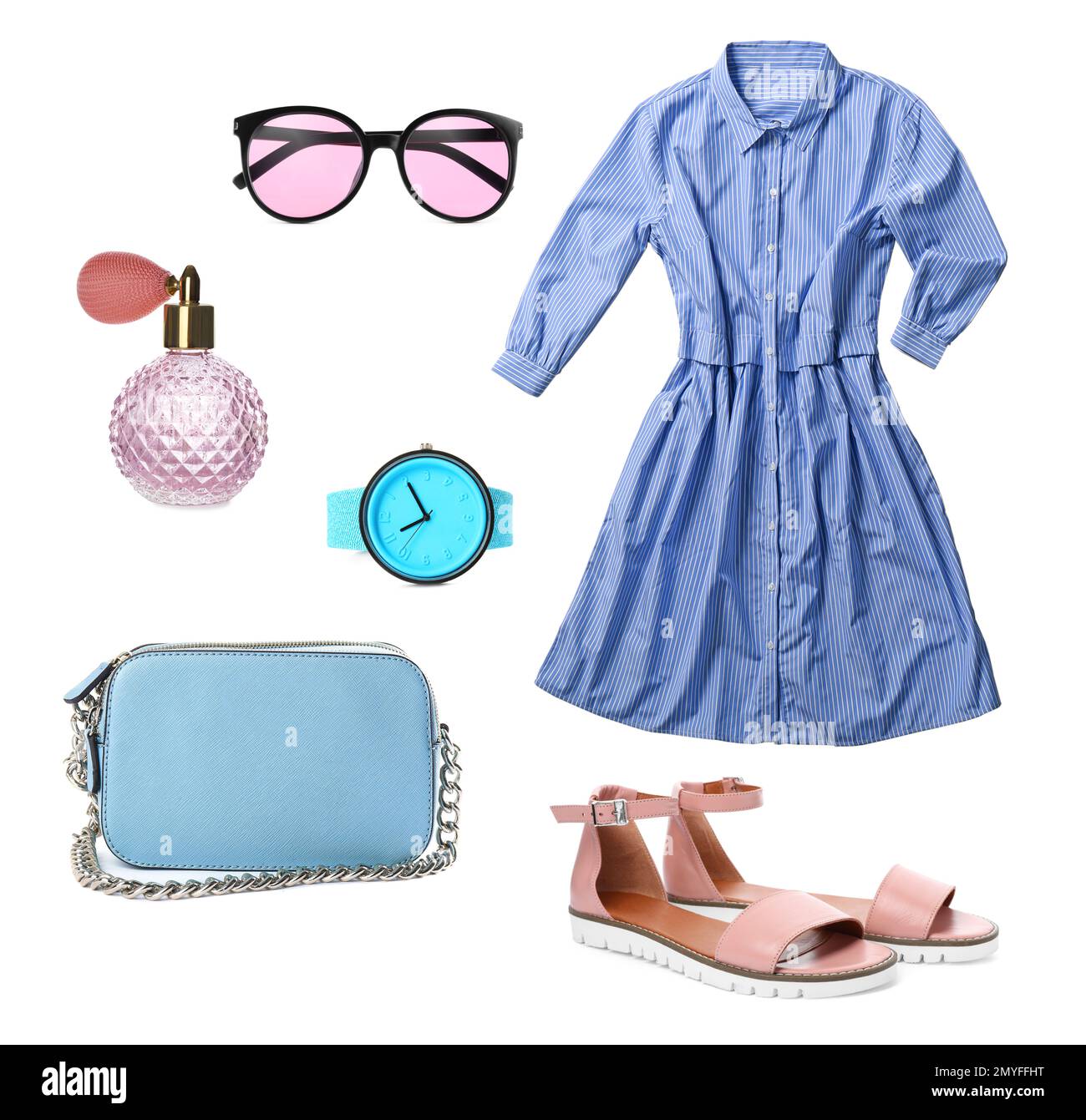 Stylish outfit. Collage with dress, shoes, accessories and perfume for ...