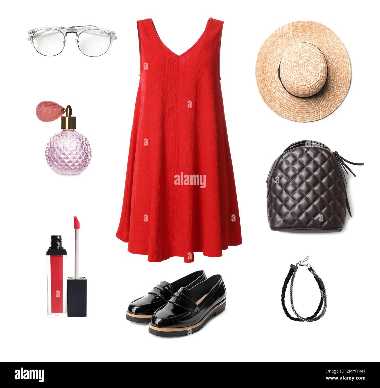 Elegant look. Collage with dress, shoes, accessories and cosmetics for ...