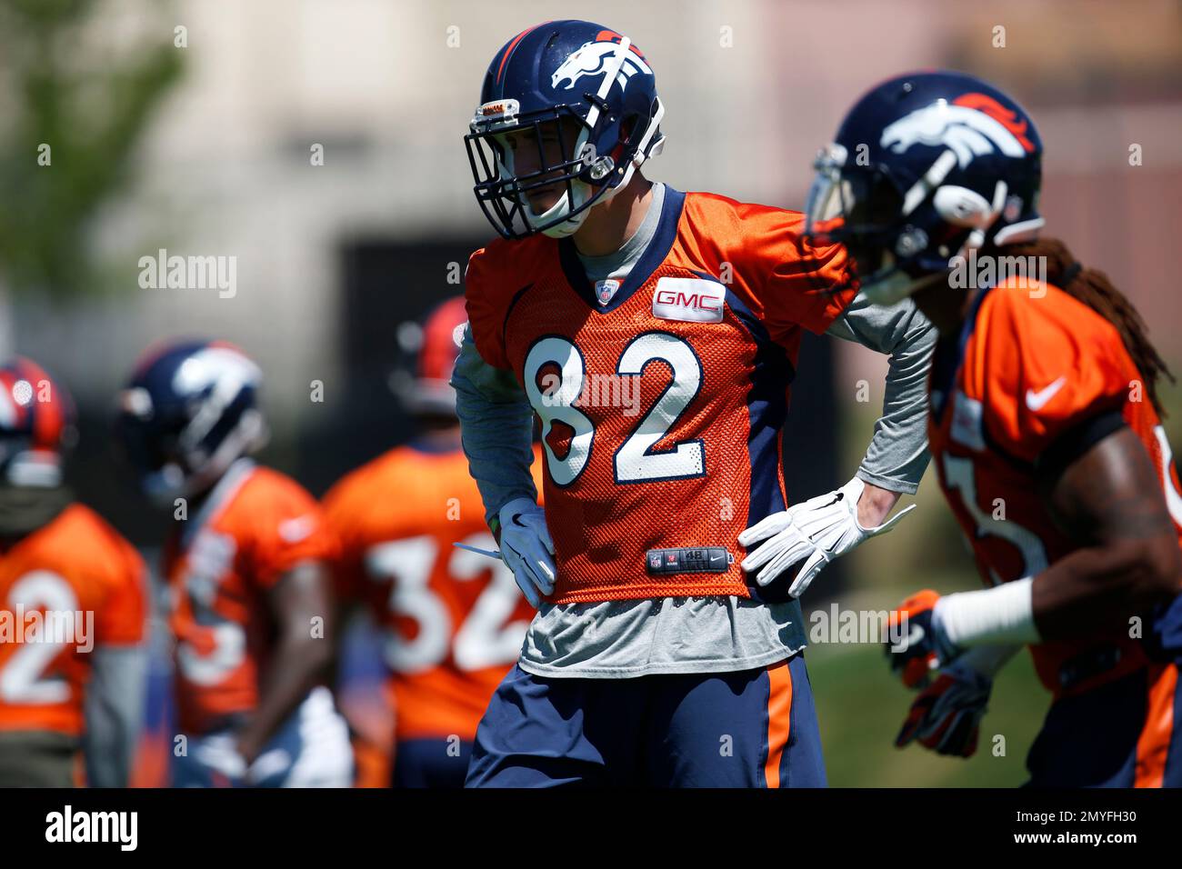 Denver Broncos tight end Jeff Heuerman (82) during drills at the NFL ...