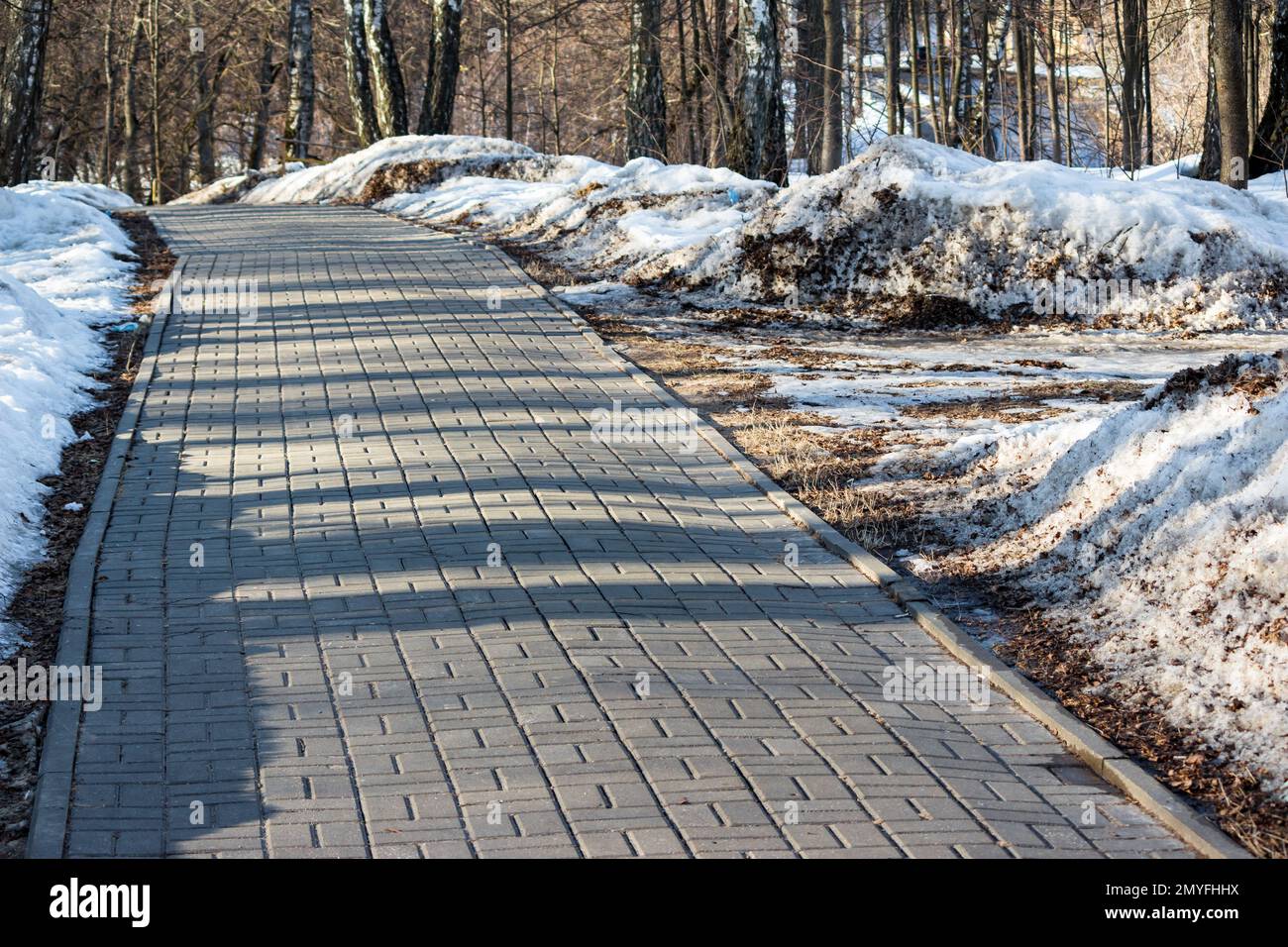 Pedestrian path paved with tiles and cleared of snow in winter Stock ...