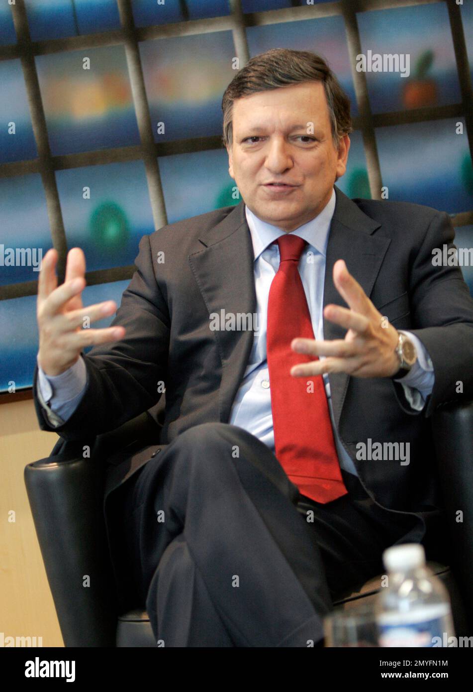 European Commission President Jose Manuel Barroso gestures during an ...