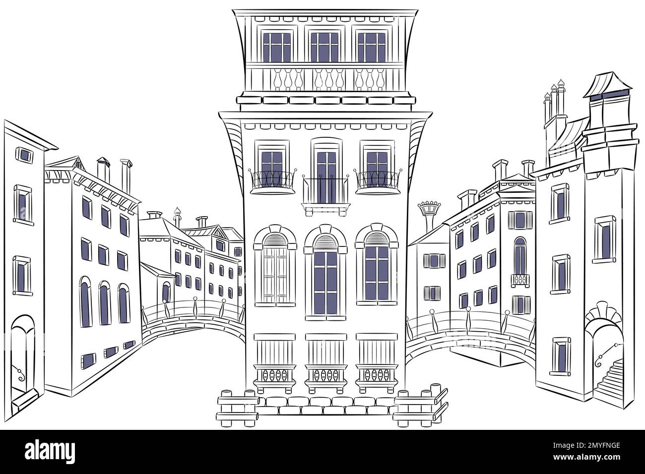 Drawing of old traditional houses and bridges isolated on white ...